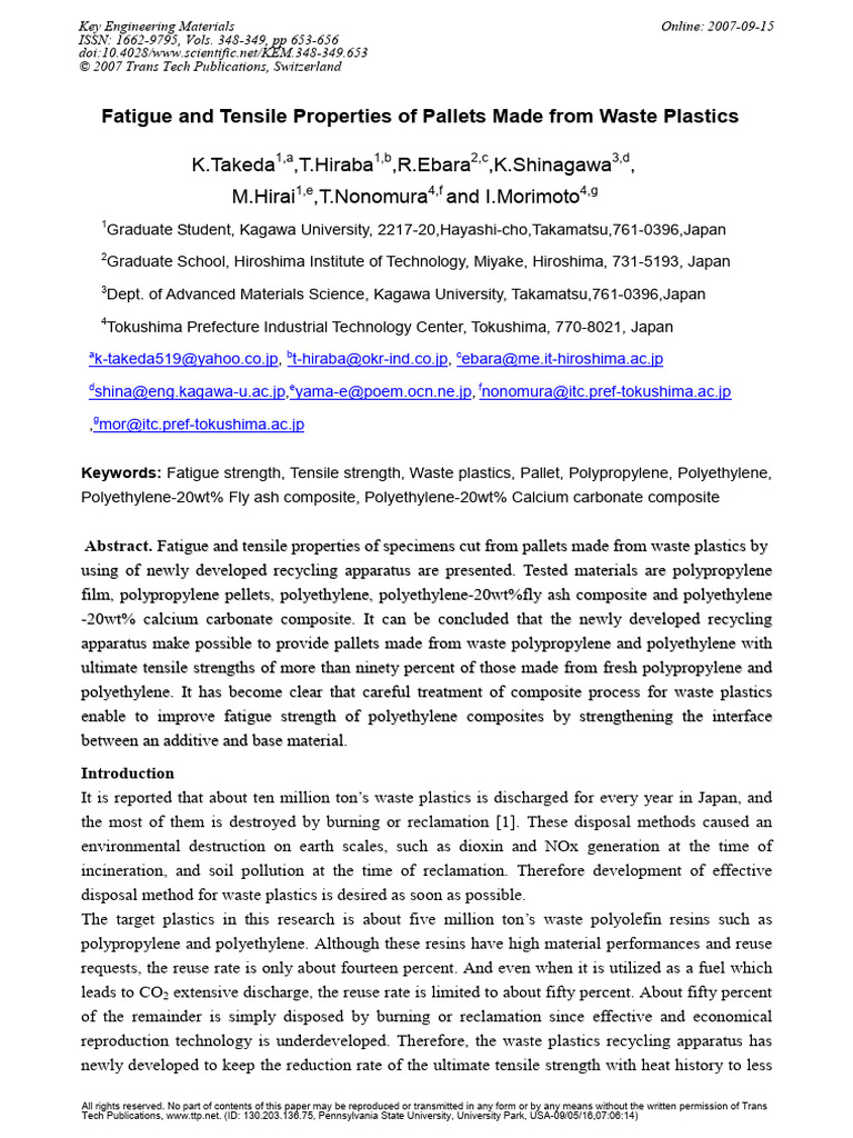 Fatigue and Tensile Properties of Pallets Made From Waste Plastics K ...