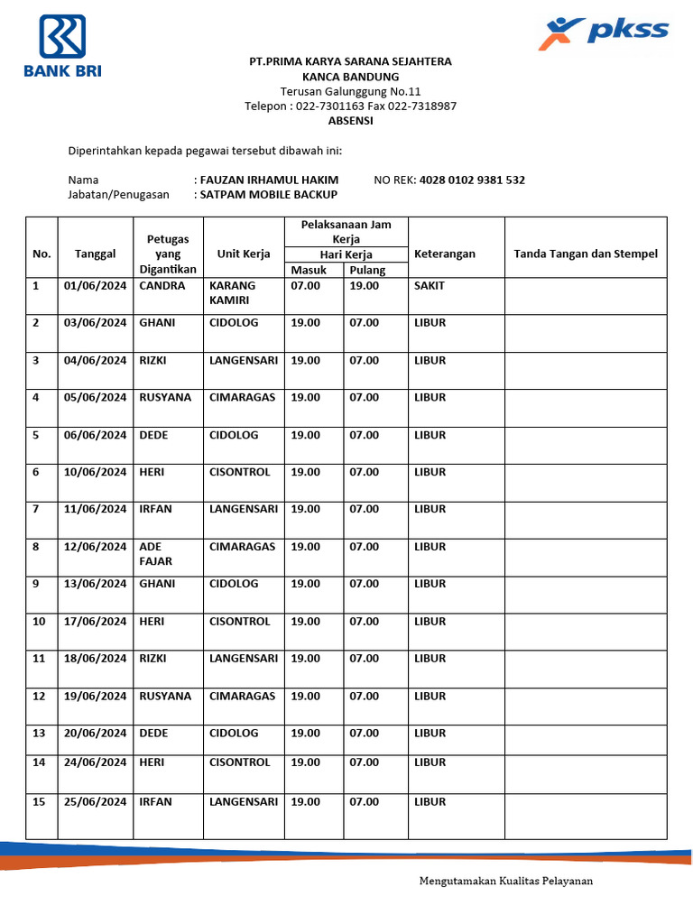 Form Absen Back Up JUNI | PDF