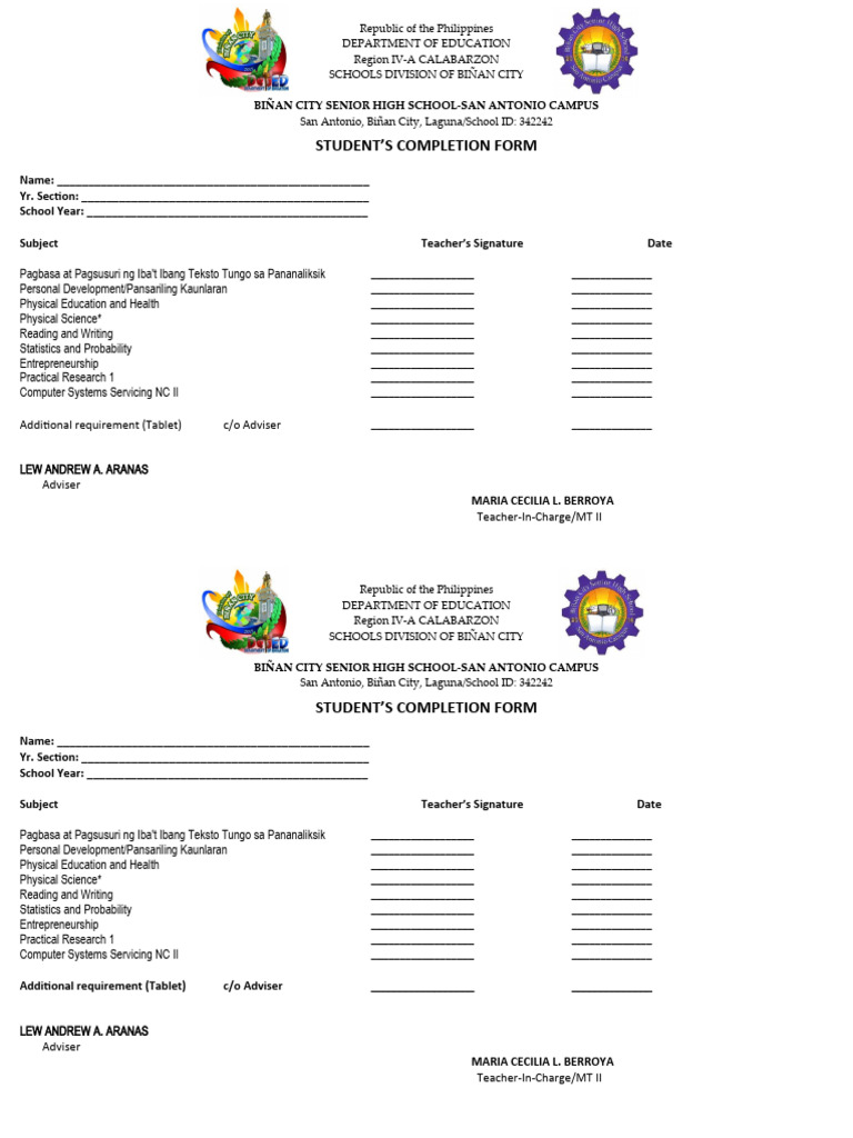 Students Completion Form | PDF | Science | Philippines