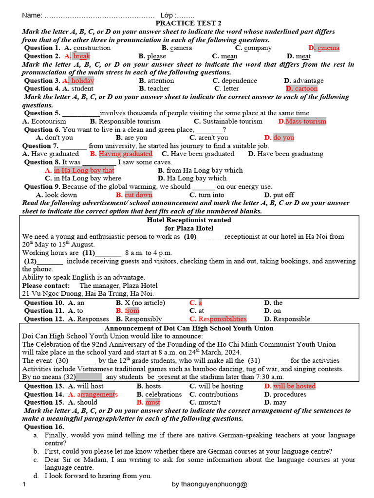 Practice Test 2 - 2025 | PDF | Bullying | Reuse