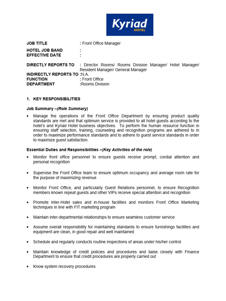 JD Fo 02 - Front Office Manager | PDF | Human Resources | Hotel