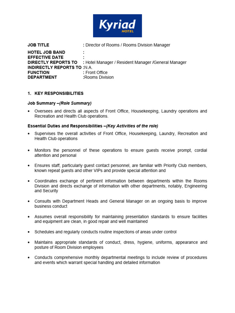 JD Fo 01 - Director of Rooms | PDF | Budget | Human Resources