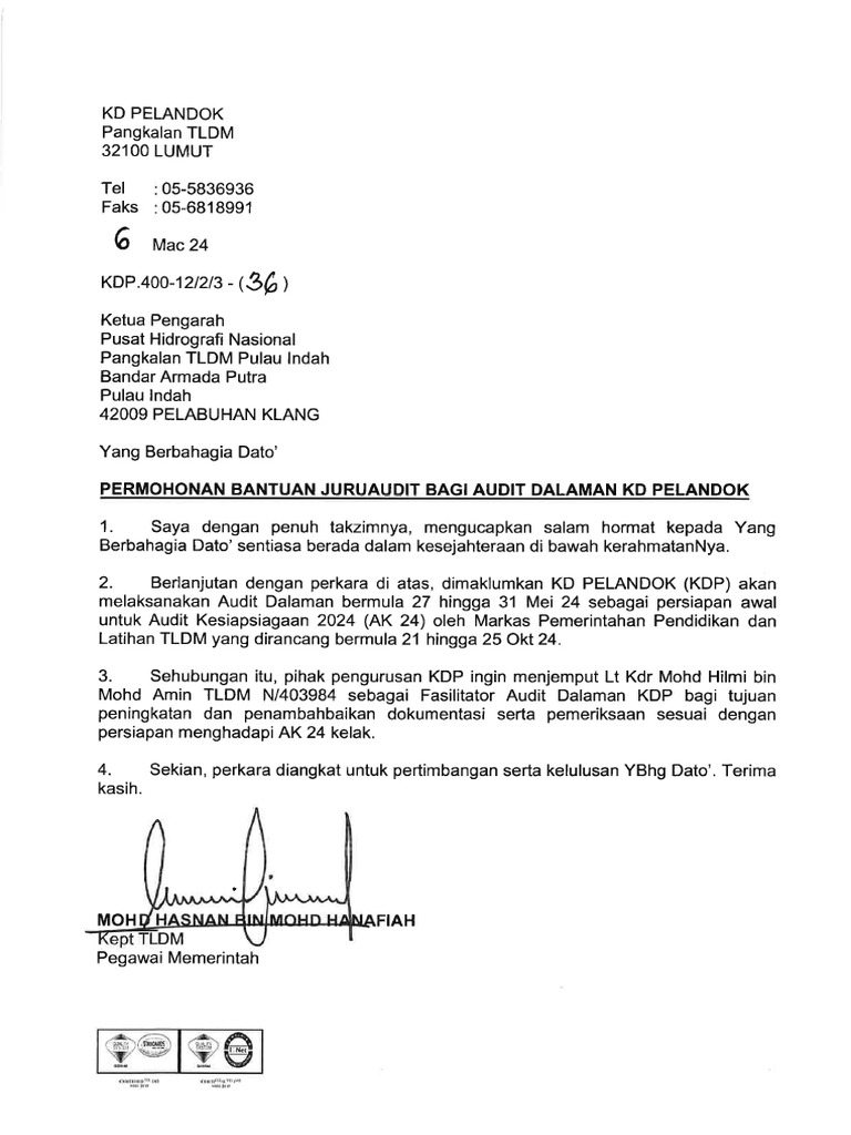 Permohonan Bantuan Juruaudit Bagi Audit Dalaman KD Pelandok | PDF