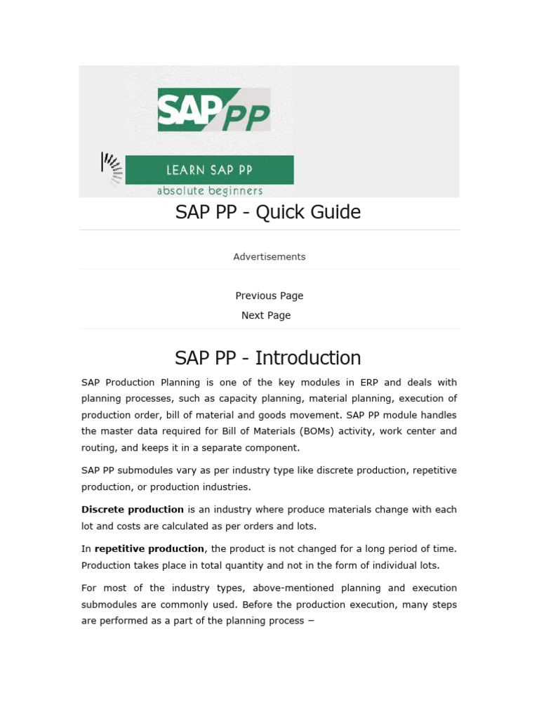 SAP PP Overview | PDF | Logistics | Production And Manufacturing