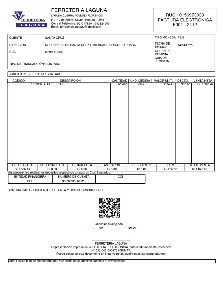 Ferreteria Laguna: RUC 10156973039 Factura Electrónica F001 - 2112 ...