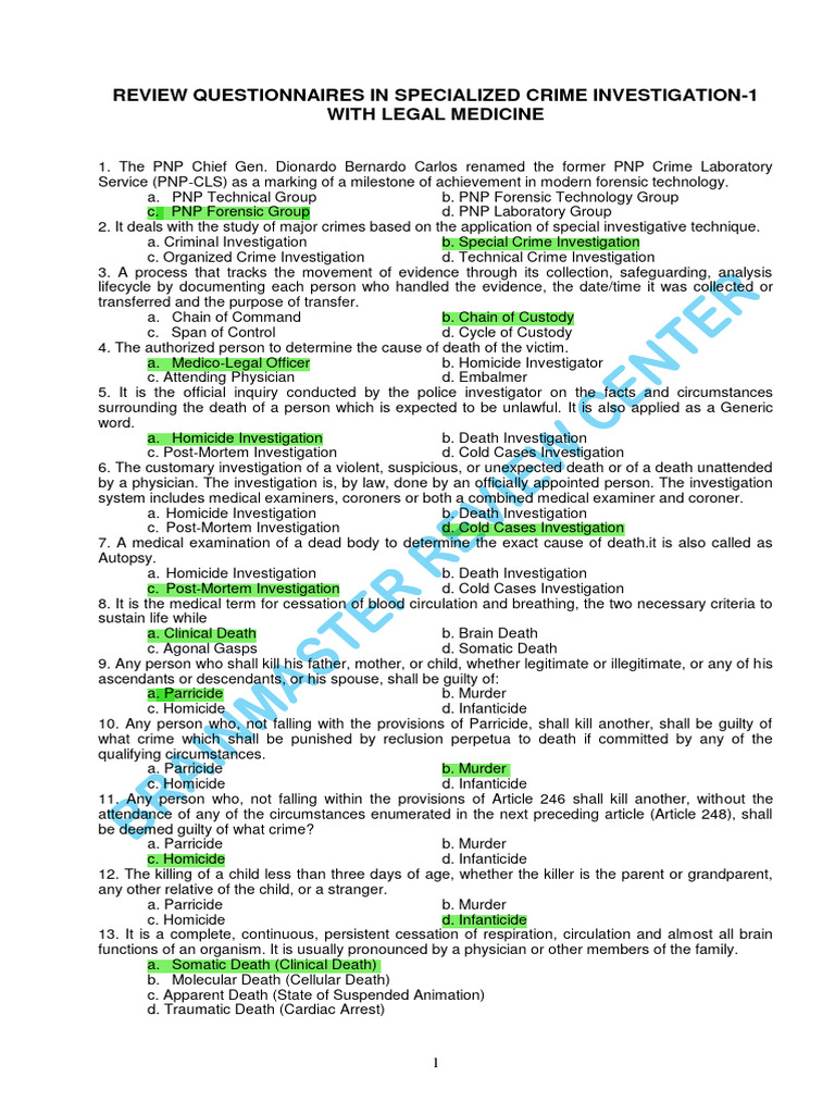 100 Q A in Specialized Investigation 1 | PDF | Coroner | Forensic Science