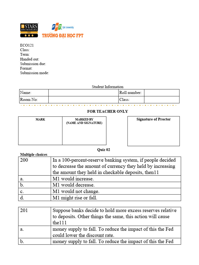 ECO121 Quiz02 Summer2024 | PDF | Inflation | Money Supply