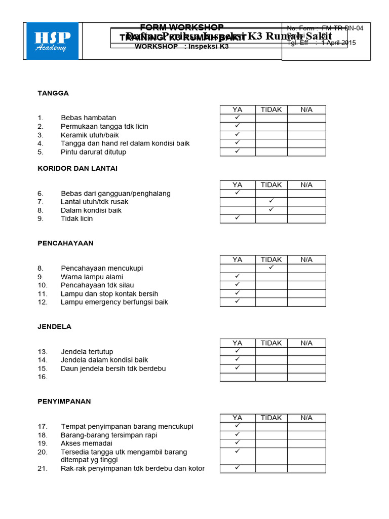 Inspeksi K3 Rumah Sakit: Formulir dan Temuan | PDF