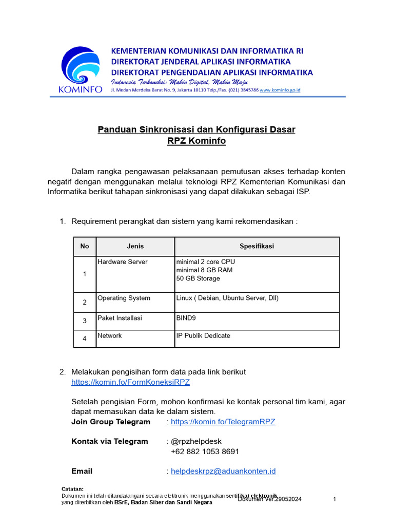 Panduan Sinkronisasi Dan Konfigurasi Dasar RPZ Kominfo | PDF