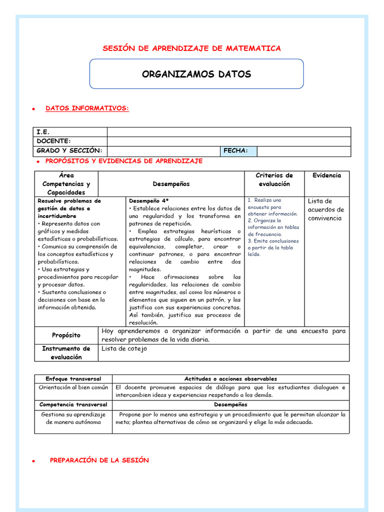 4° SES MATE JUEV 9 ORGANIZAMOS DATOS | PDF | Evaluación | Aprendizaje