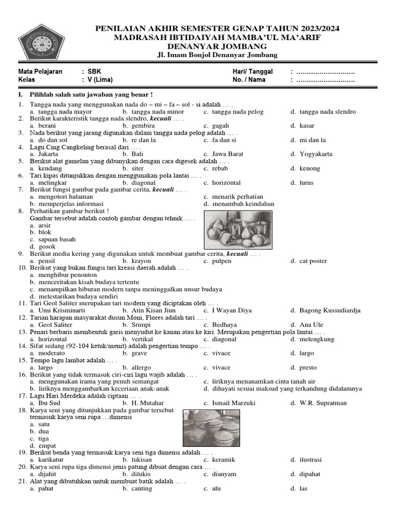 Soal Pas Genap SBK Kls 5 Tp. 2023-2024 | PDF