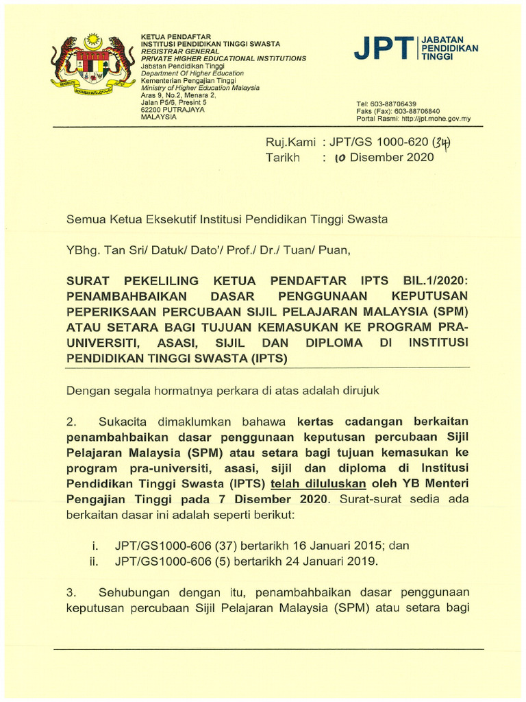 SURAT PEKELILING KETUA PENDAFTAR IPTS BIL 1 2020 DASAR PENGGUNAAN ...