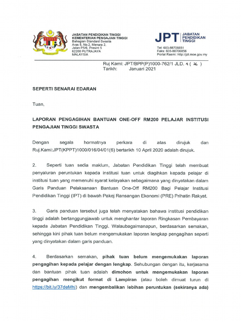 Surat pemulangan bantuan one off - 12 Januari 2021 | PDF