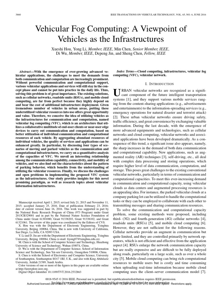 Vehicular Fog Computing A Viewpoint of Vehicles As The Infrastructures | PDF | Computer Network ...