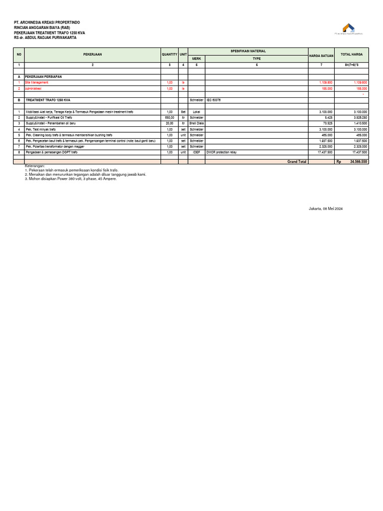 Rab - Pekerjaan Treatment Trafo 1250 Kva | PDF