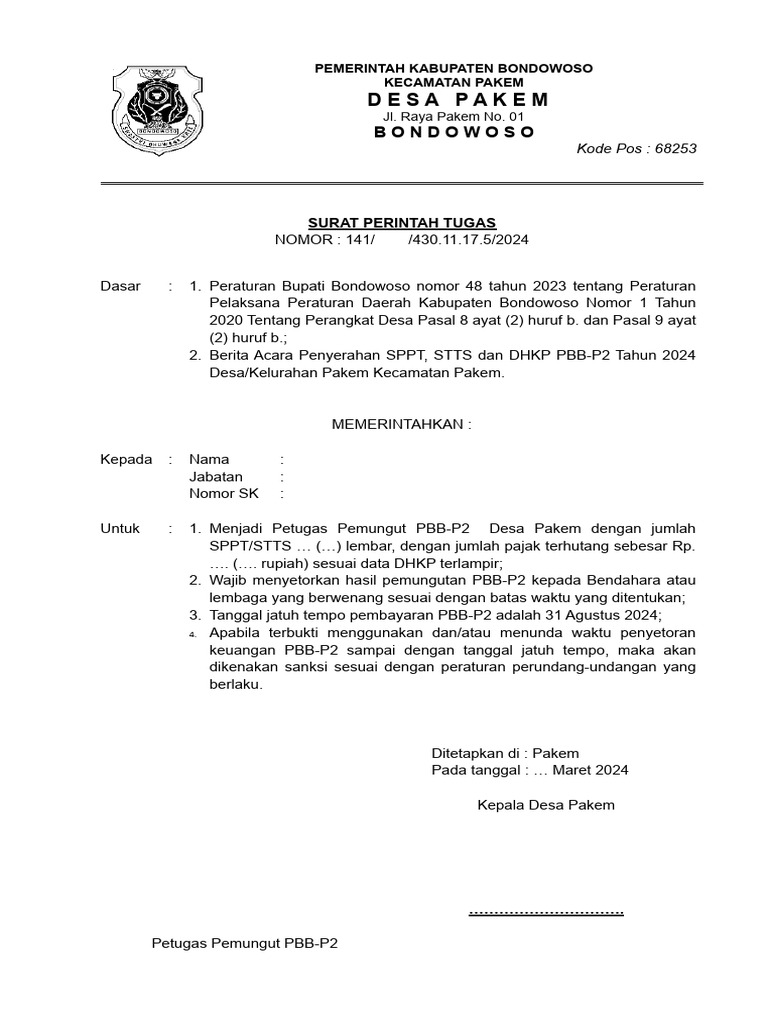 Surat Perintah Tugas PBB-P2-1 | PDF