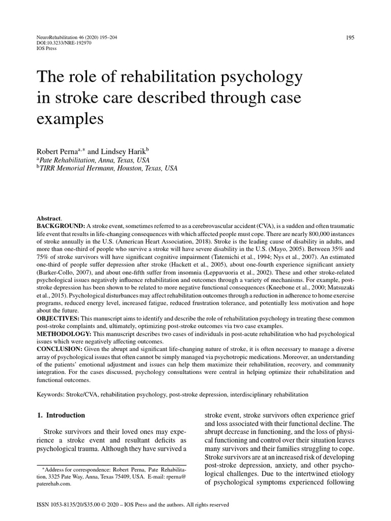 The Role of Rehabilitation Psychology in Stroke Care Described Through ...