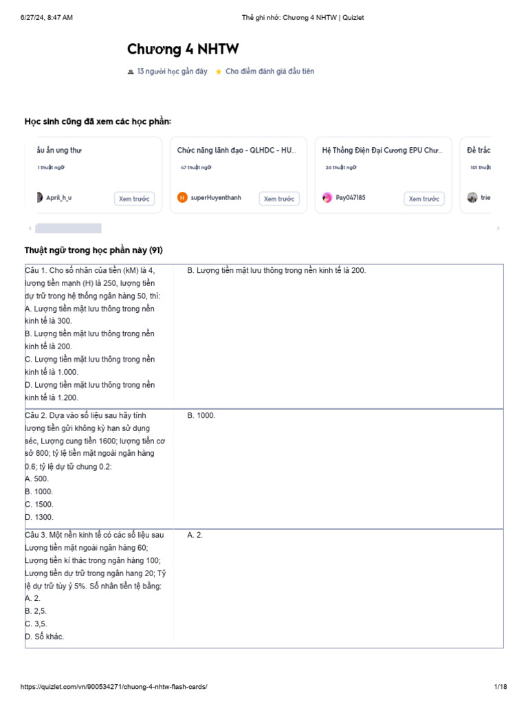 Thẻ Ghi Nhớ - Chương 4 NHTW - Quizlet | PDF