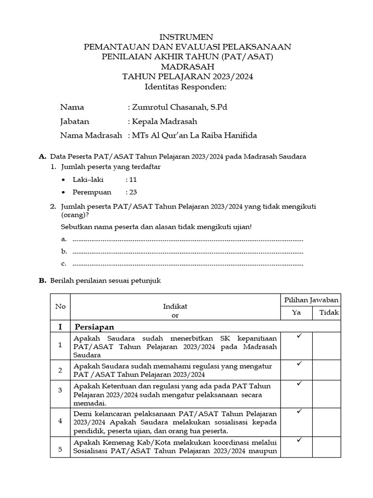 Instrumen Monev Pat Asat Mad 2024 | PDF