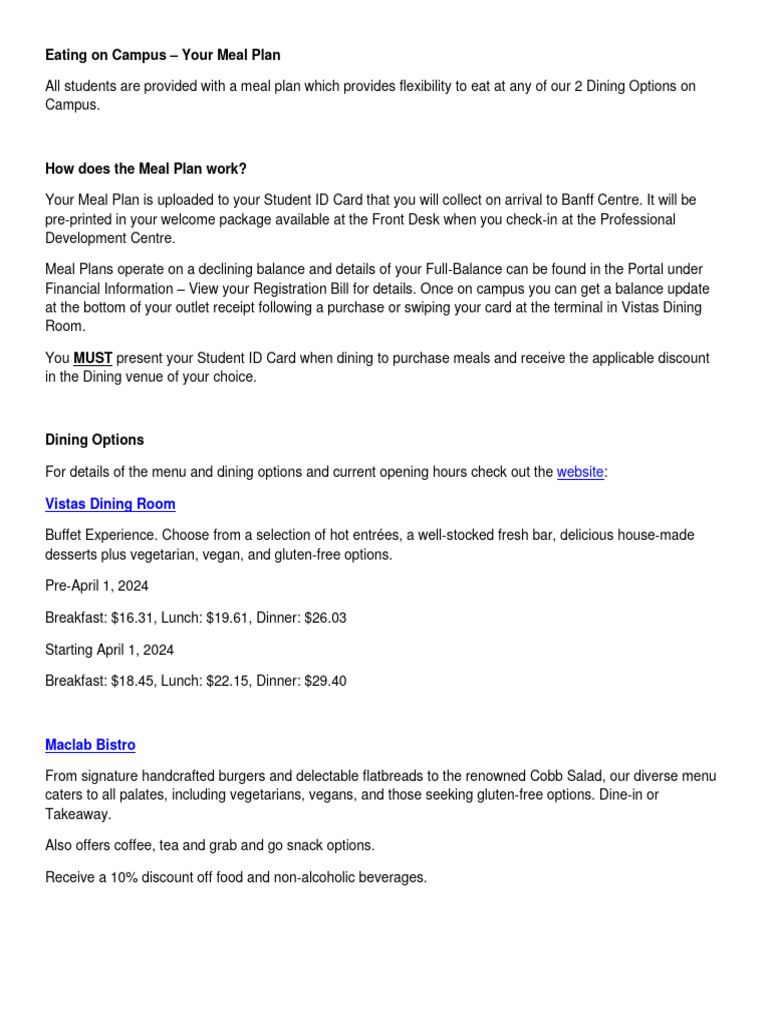 Eating On Campus - Your Meal Plan Explained 2024 | PDF | Meal | Lunch