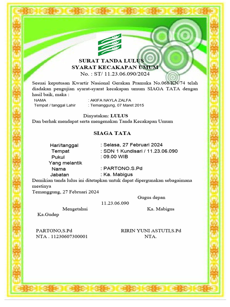 Contoh Sertifikat Sku Siaga Trias Kedu | PDF