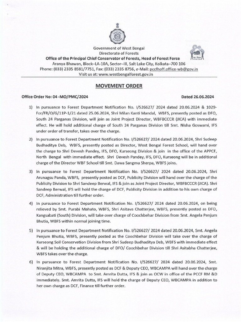 Movement Order of WBFS Officers | PDF