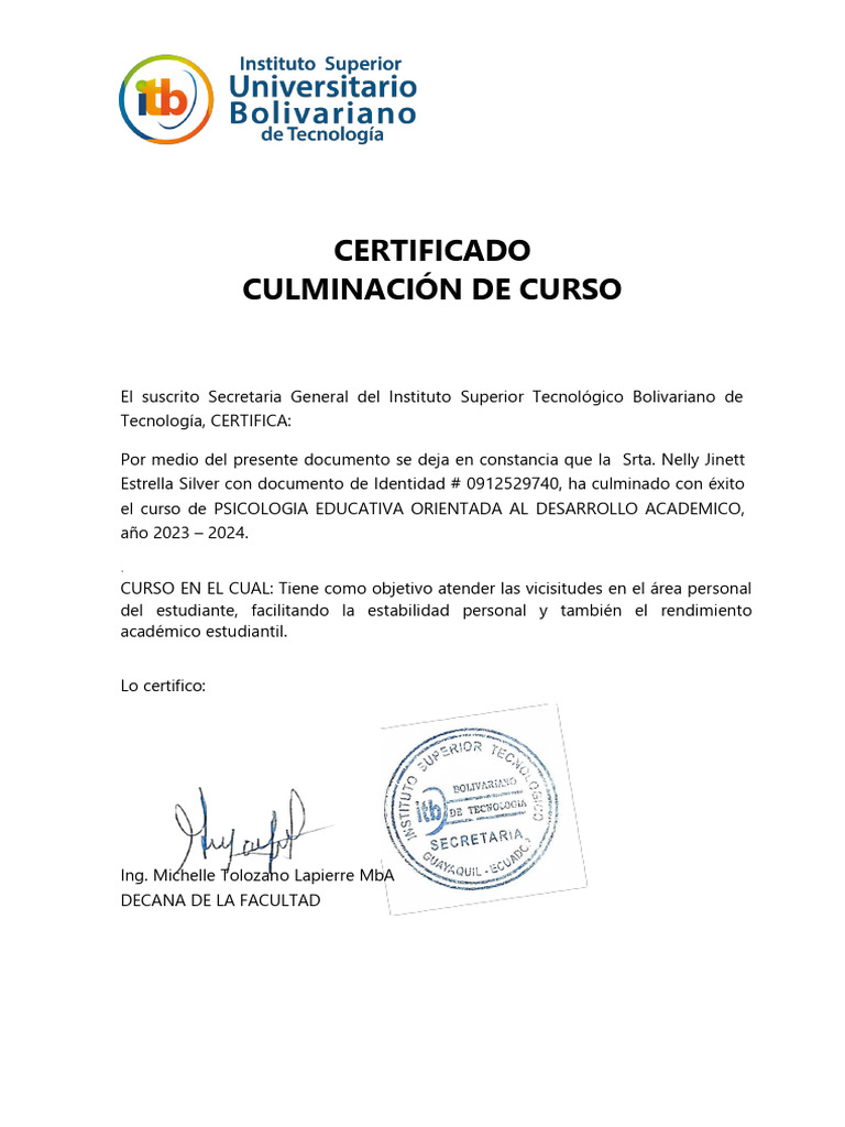 Certificado Culminación de Curso | PDF