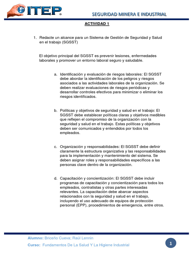 ACTIVIDAD1 | PDF | Higiene Ocupacional | Contaminación