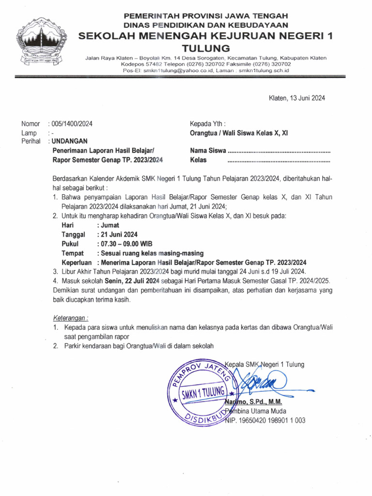Surat Penerimaan Rapor Semester Genap 23-24 | PDF