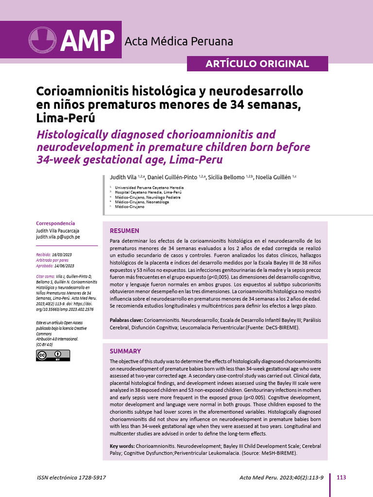 Corioamnionitis Histológica y Neurodesarrollo en Niños Prematuros ...