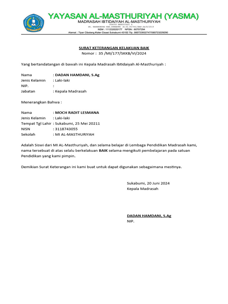 SK Kelakuan Baik Siswi MI 2024 | PDF