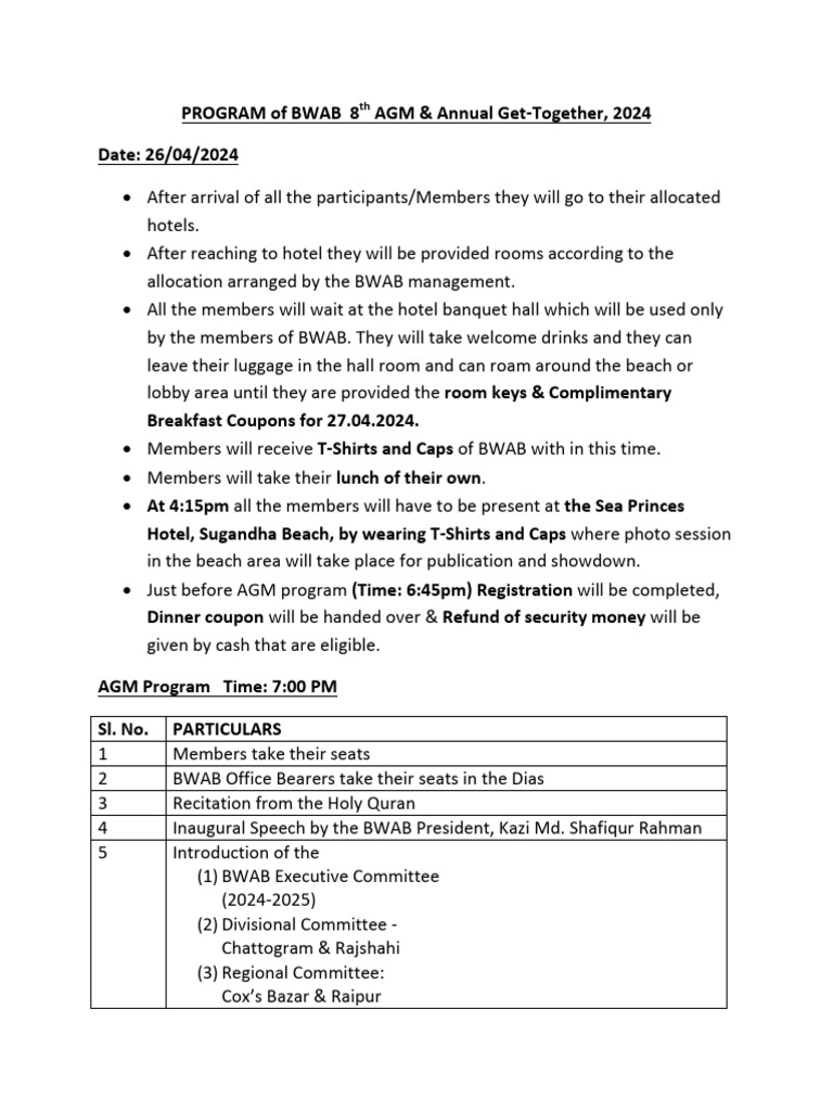 PROGRAM of BWAB 8th AGM & Annual Get-Together, 2024 | PDF