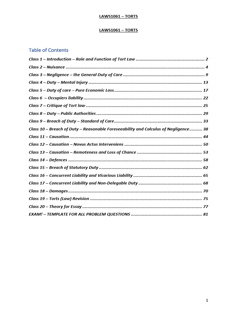 Laws1061 Torts Full Detailed Notes Exam Template 93 Pages Including All ...