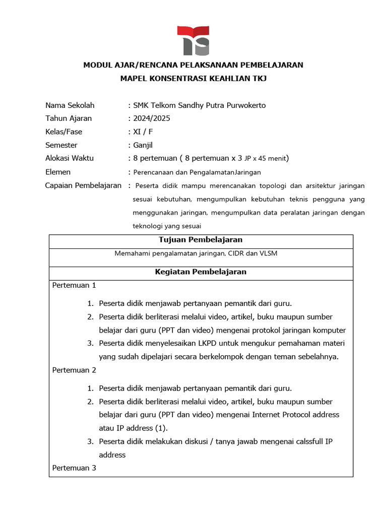 MODUL AJAR - RPP 3 - Memahami Pengalamatan Jaringan, CIDR Dan VLSM | PDF