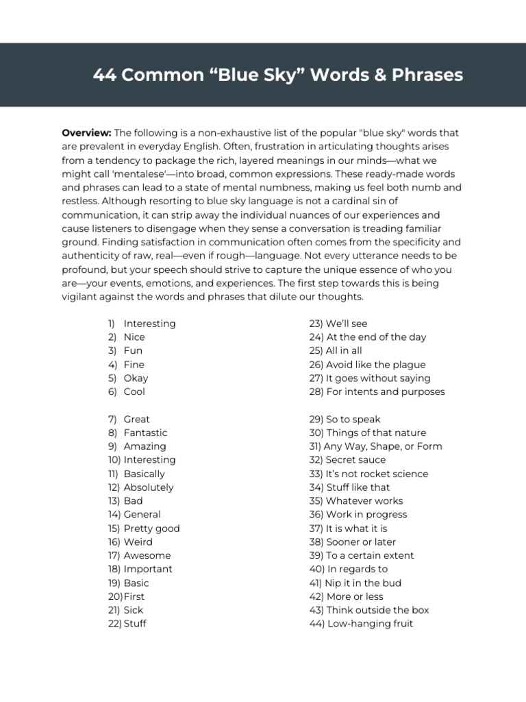 Blue Sky Words & Phrases | PDF | Thought | Experience Blue Sky Words & Phrases | PDF | Thought | Experience