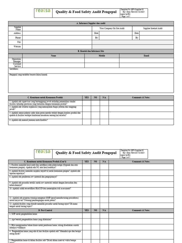 Audit Food Safety and Quality - Supplier | PDF