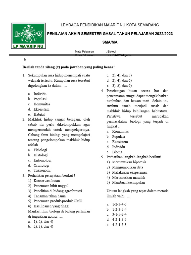 Soal PAS Biologi Kelas X Semester Ganjil Tahun Ajaran 2022 | PDF