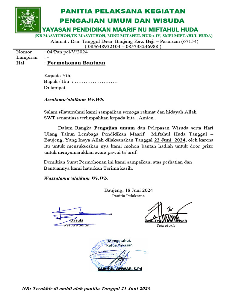 Surat permohonan bantuan hadiah door prize | PDF