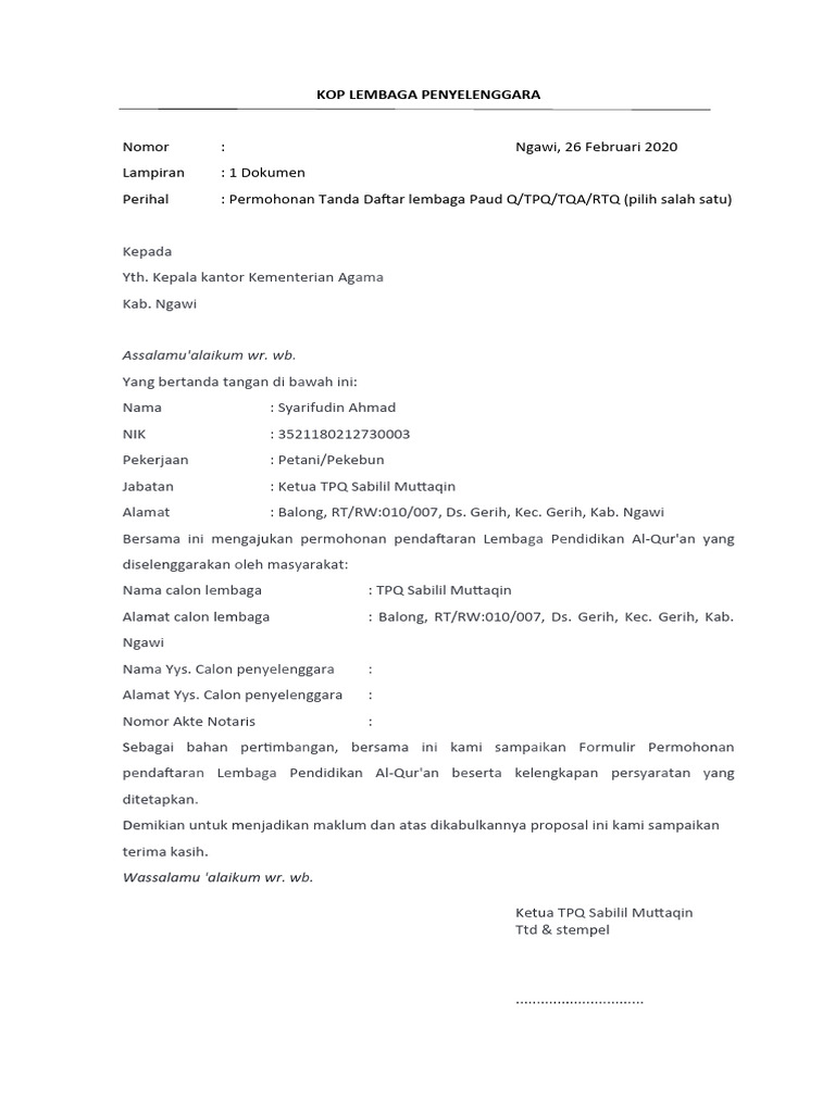 Format Pengajuan Baru Dan Perpanjangan TPQ 1 | PDF