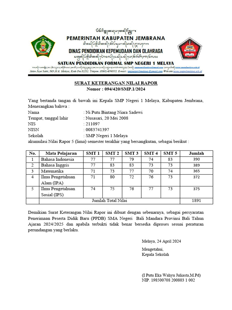 Format Rekapan Nilai Rapor | PDF