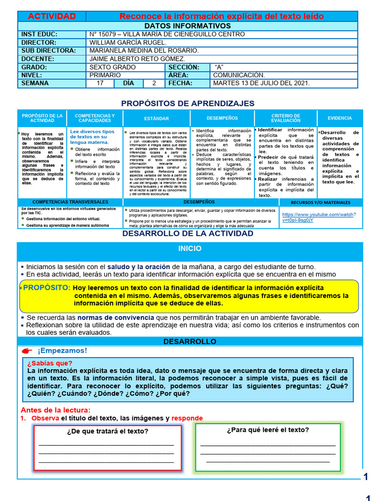 2.-LEE Reconoce La Información Explícita Del Texto Leído | PDF ...