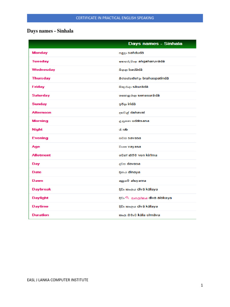 Days Names - Sinhala | PDF