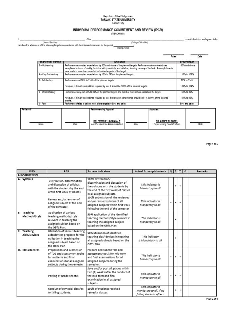Tarlac SU Revised Ipcr Form For Teaching Personnel 2021 | PDF ...