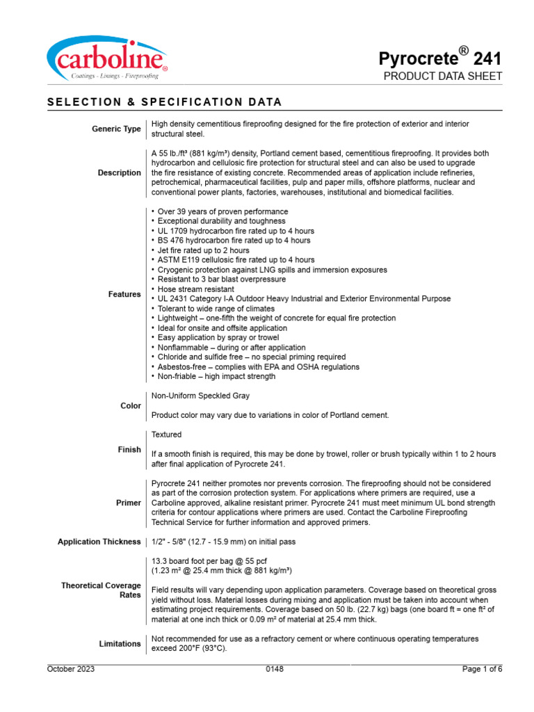 Pyrocrete 241 PDS-2023.10 | PDF | Sheet Metal | Density