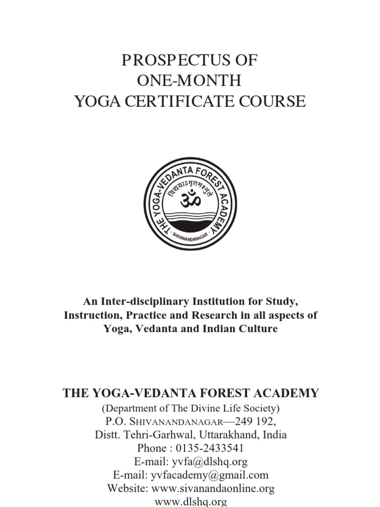 Prospectus of One-Month Yoga Certificate Course: The Yoga-Vedanta ...