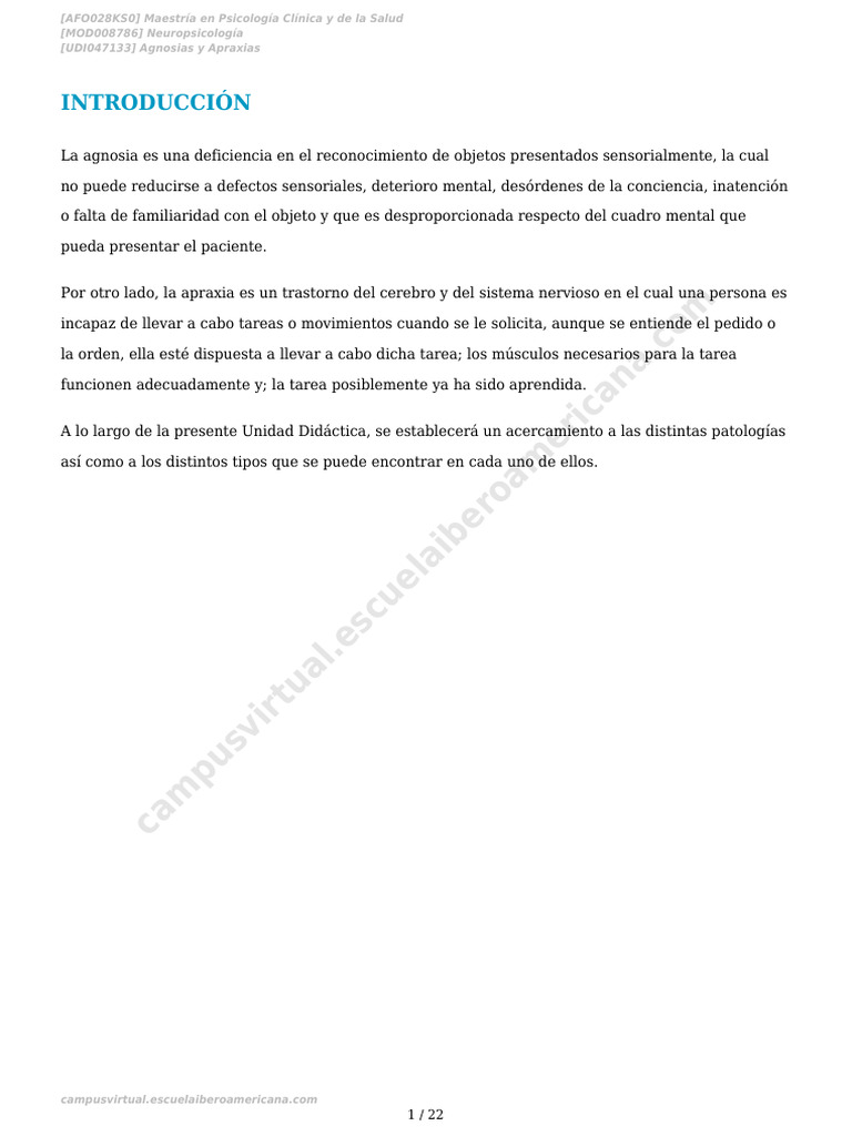 Agnosias y Apraxias | PDF | Neuropsicología | Afasia