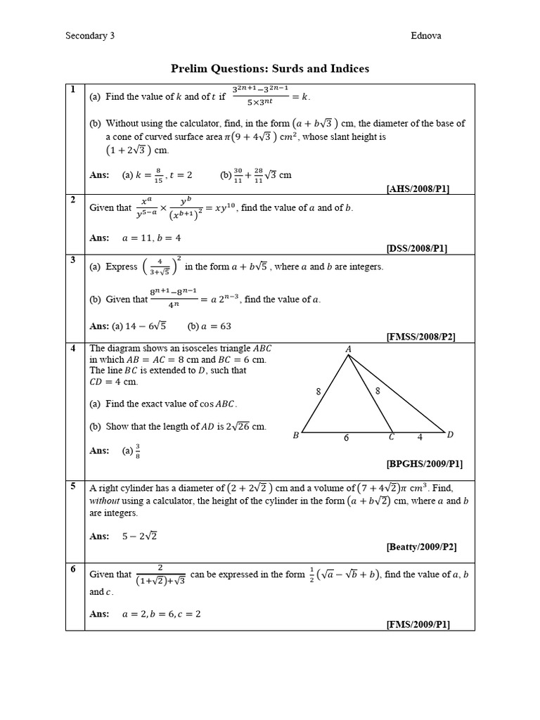S3 A-Math Portal Surds and Indices Answers | PDF | Equations | Area