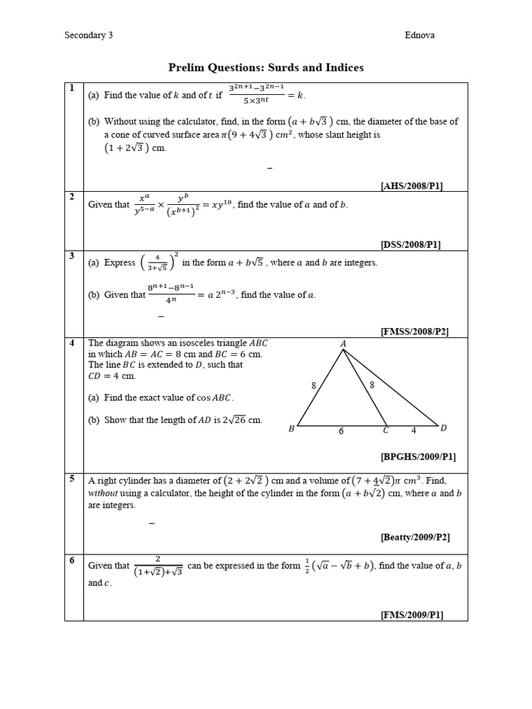 Surds and Indices Prelim Questions | PDF | Equations | Area