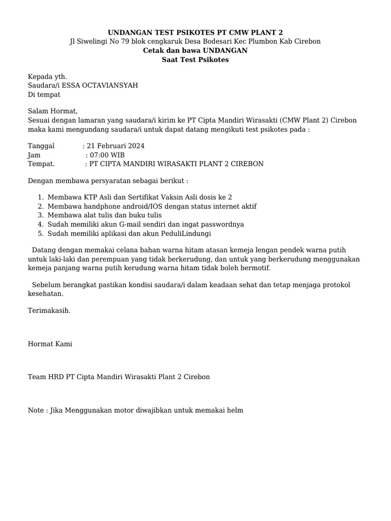 Undangan Psikotest PT CMW | PDF