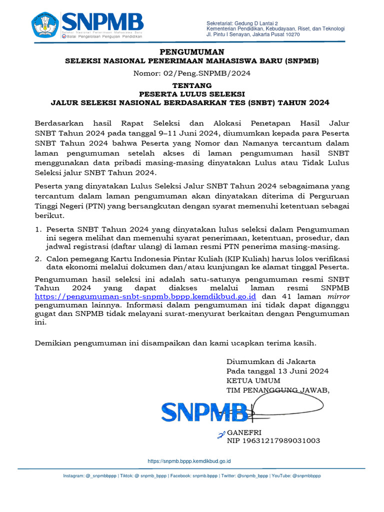 Pengumuman SNBT 2024 Final | PDF